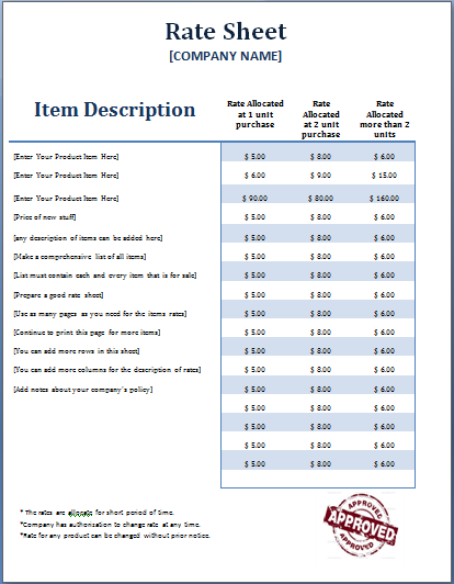 15 Printable Rate Card Template Excel Templates By Rate Card Template 