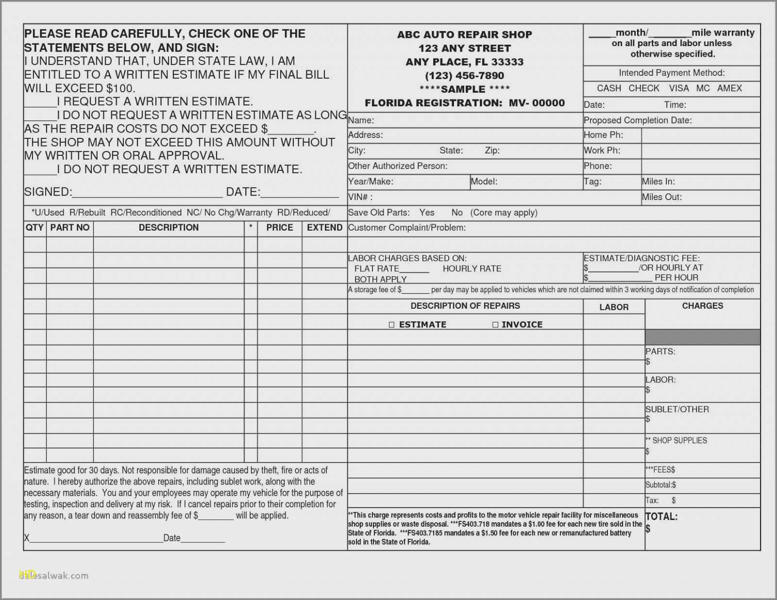 Parts And Labor Invoice Template Cards Design Templates