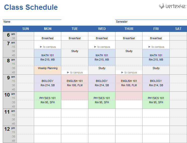 40 Printable Student Class Schedule Template For Ms Word For Student Class Schedule Template 
