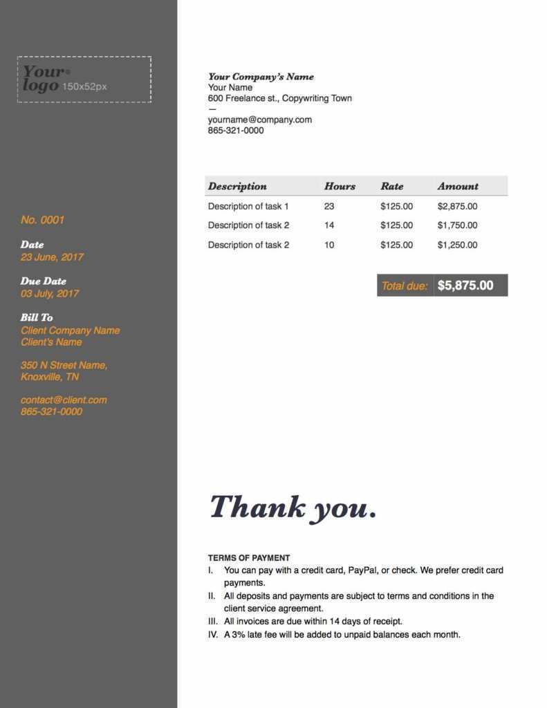 Freelance Copywriter Invoice Template Cards Design Templates