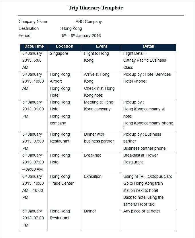 Business Travel Itinerary Template Excel Cards Design Templates