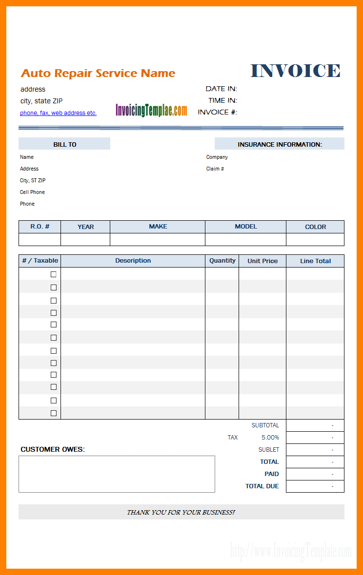 Home Repair Invoice Template Free Printable Templates